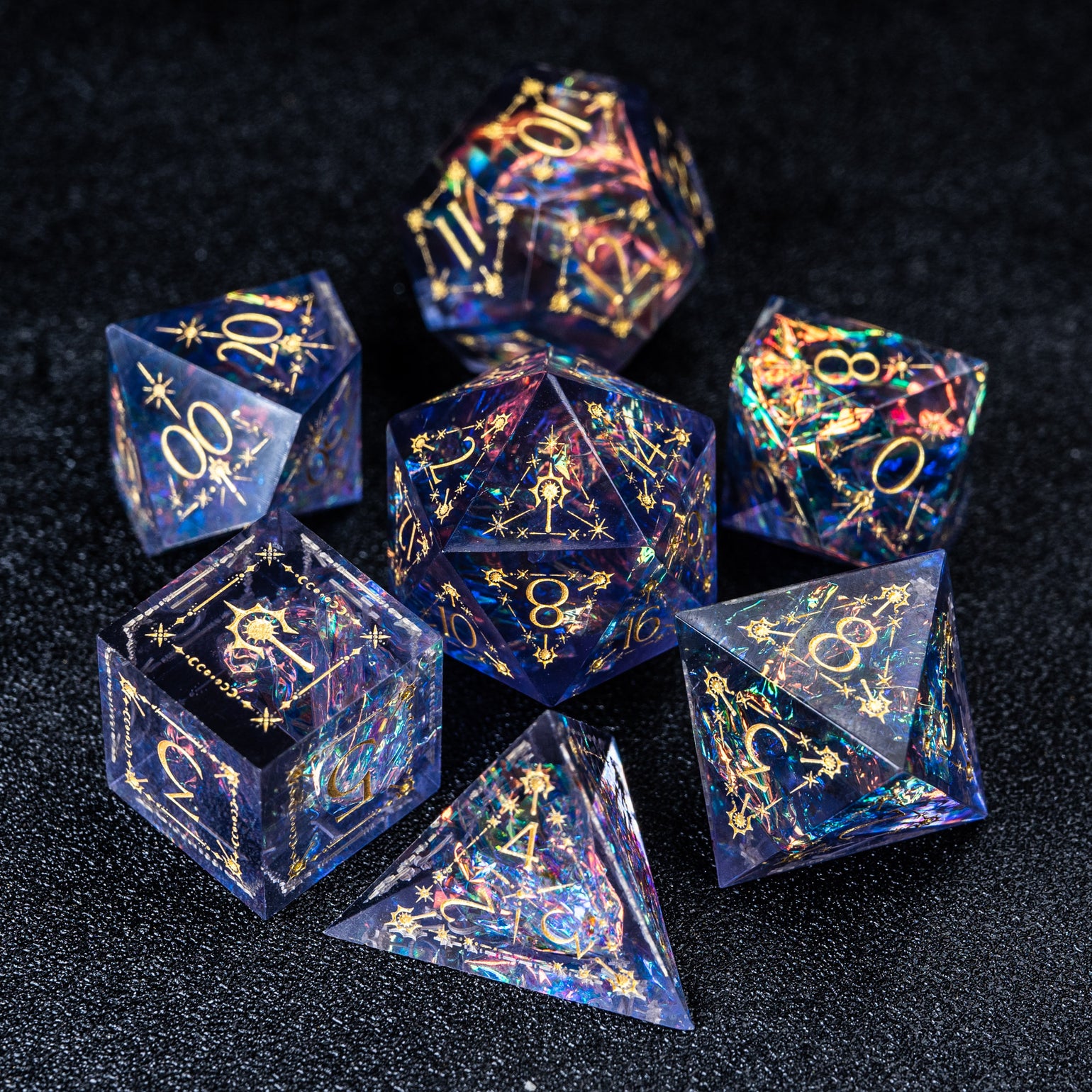 URWizards D&D Resin Night Neon glitter Engraved Dice Set Bard Style ...