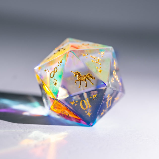 URWizards D&D Dichroic Prism Glass D20 Dice Unicorn Style Gold Inked ...