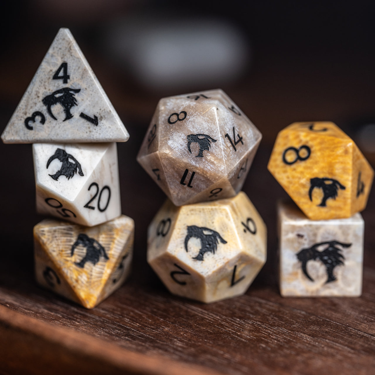 URWizards D&D Coral Fossil Gemstone Engraved Dice Set Thunder Cat ...