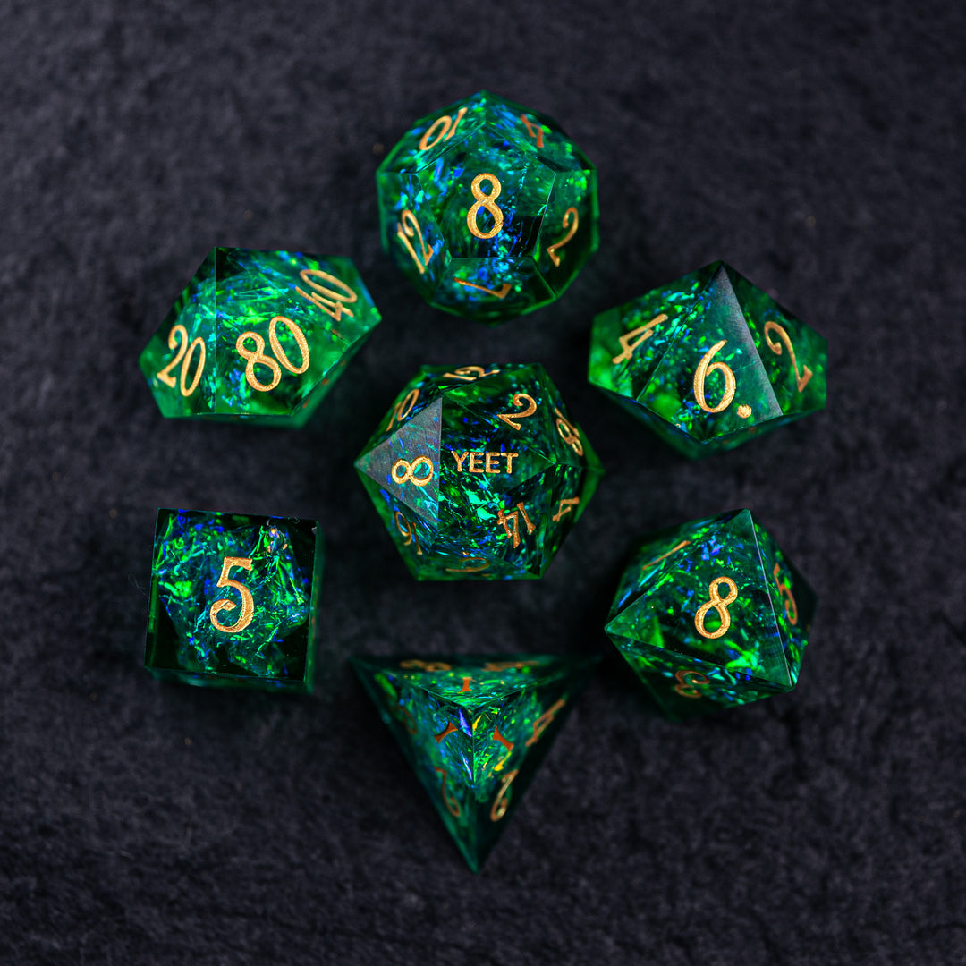 URWizards D&D Resin Green Glitter Engraved Dice Set YEET & F*CK – Urwizards