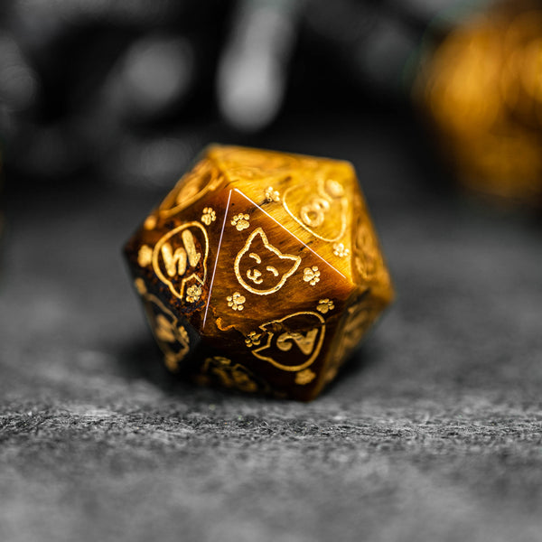 URWizards D&D Engraved Yellow Tiger's Eye Dice Set Meow Style | Urwizards