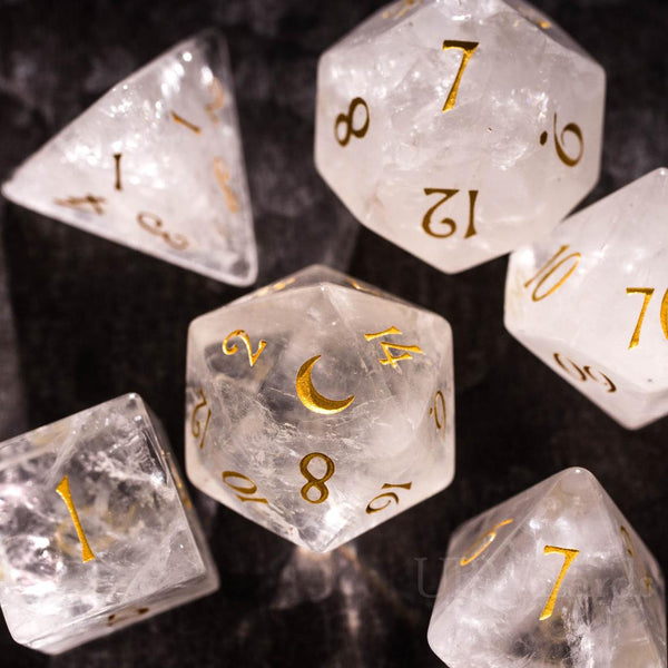 URWizards D&D Clear Quartz Gemstone Engraved Dice Set Moon Style ...