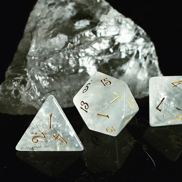 URWizards D&D Clear Quartz Gemstone Engraved Dice Set | Urwizards